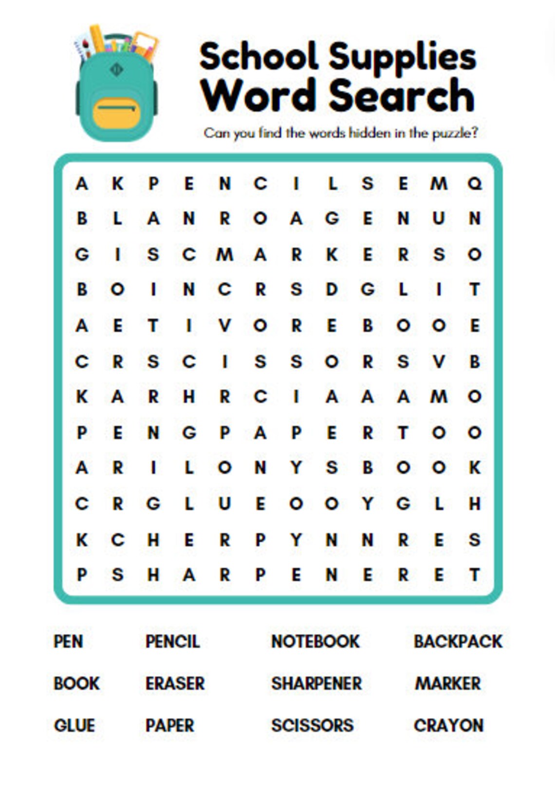 School Supply Word Search - Etsy