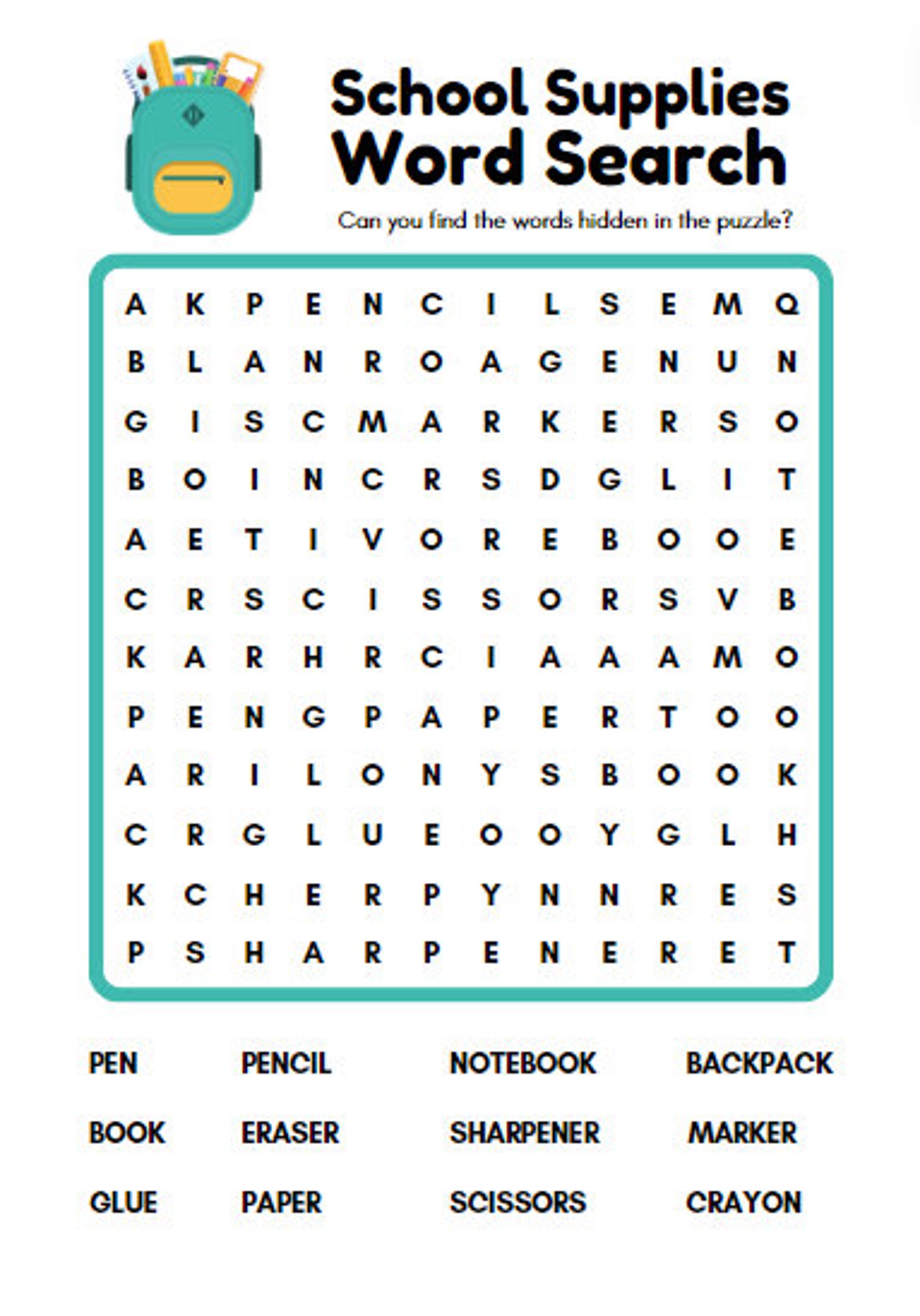 School Supply Word Search - Etsy