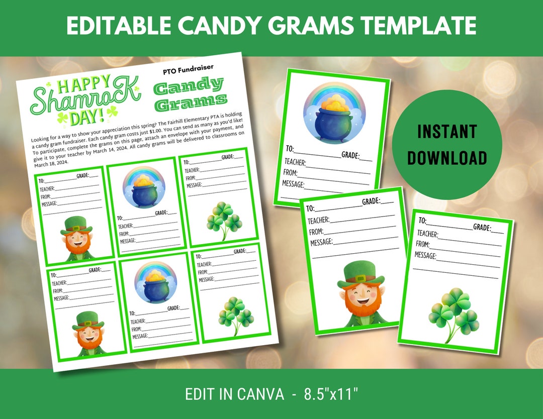 Happy St Patrick's Day Candy Gram School PTO Fundraiser Printable Flyer ...