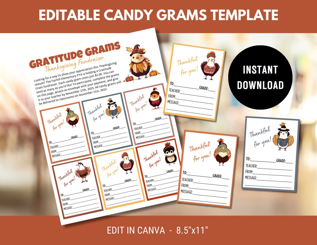 Gratitude Grams Thanksgiving Candy Gram School PTO Fundraiser Printable ...