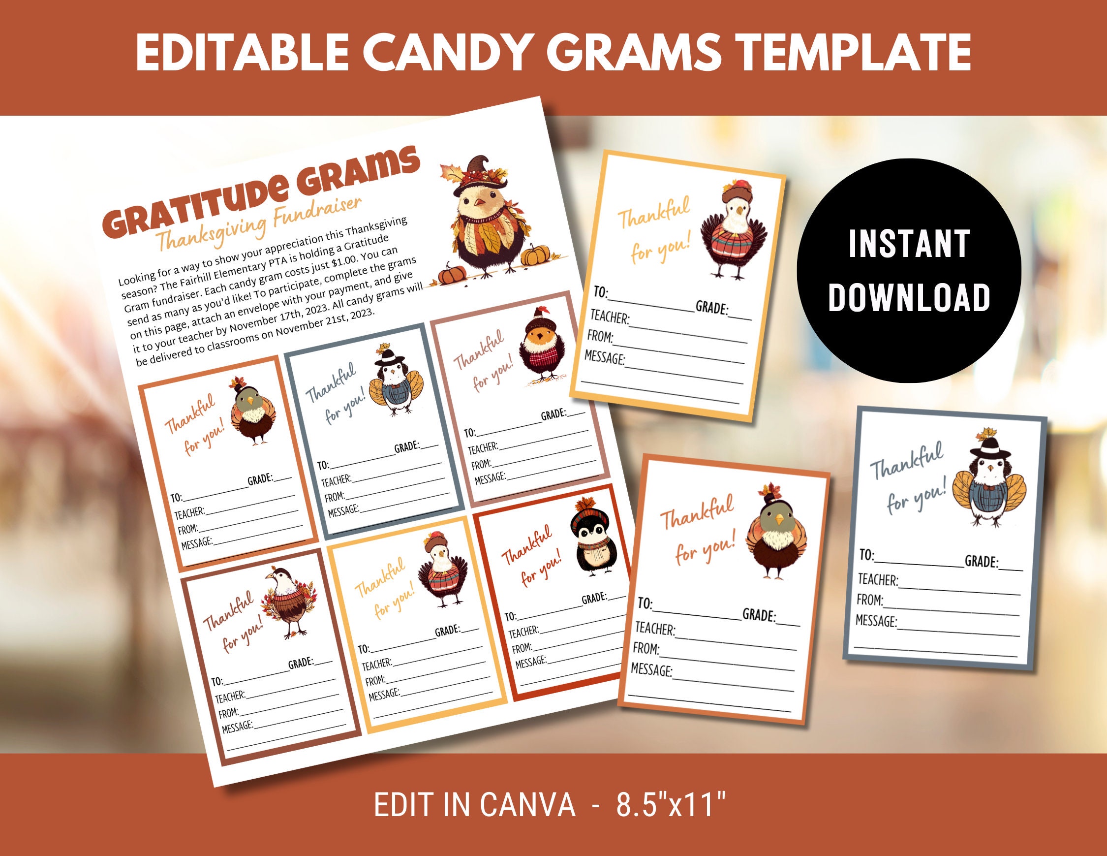 Gratitude Grams Thanksgiving Candy Gram School PTO Fundraiser Printable ...