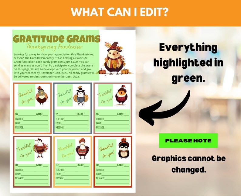 Gratitude Grams Thanksgiving Candy Gram School PTO Fundraiser Printable ...