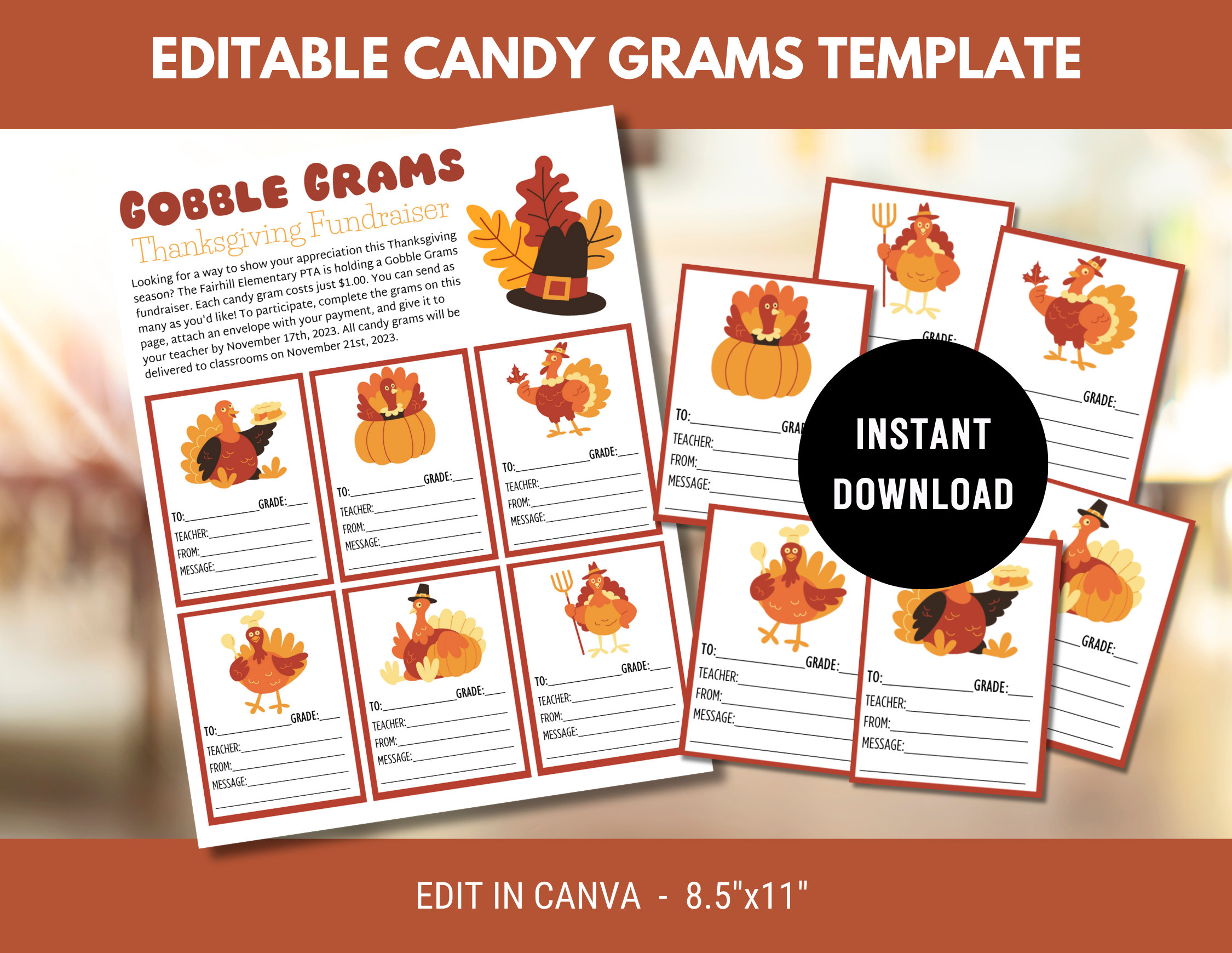 Gobble Grams Thanksgiving Candy Gram School PTO Fundraiser Printable ...