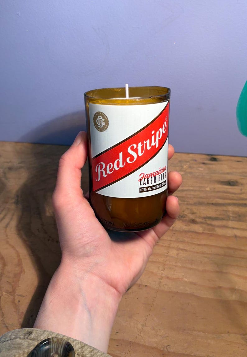 Beer Candle, Upcycled Red Stripe Bottle With Apple Scent - Etsy