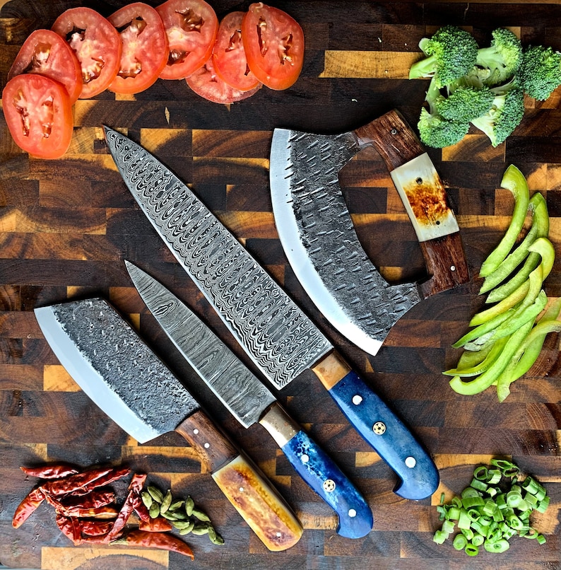 Damascus Kitchen Knife Set Cheff Knife Pairing Knife | Etsy