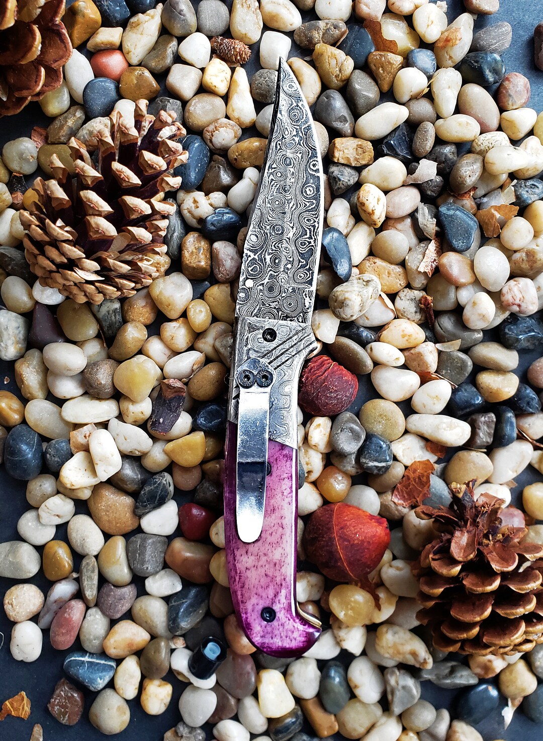 Titan Classico Viola- Raindrop Damascus Folding Blade/ EDC/ Clip Point ...