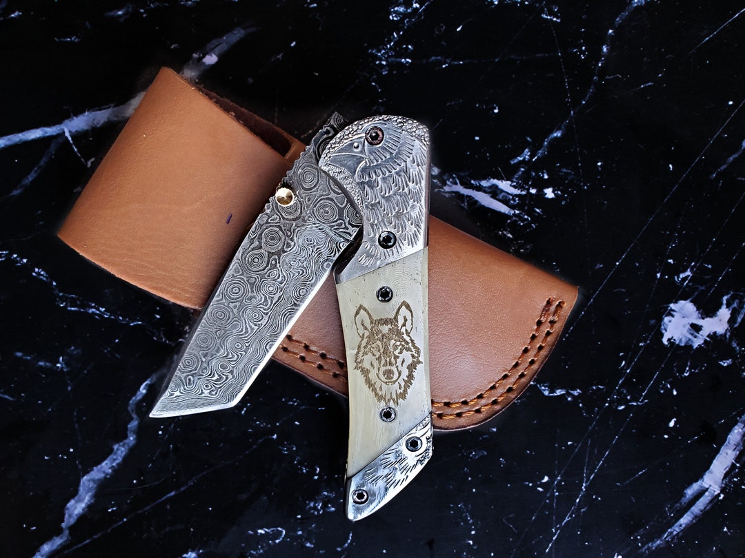Titan American Eagle Raindrop Damascus Folding Blade/ EDC/ Eagle Engraved Steel Bolster ...