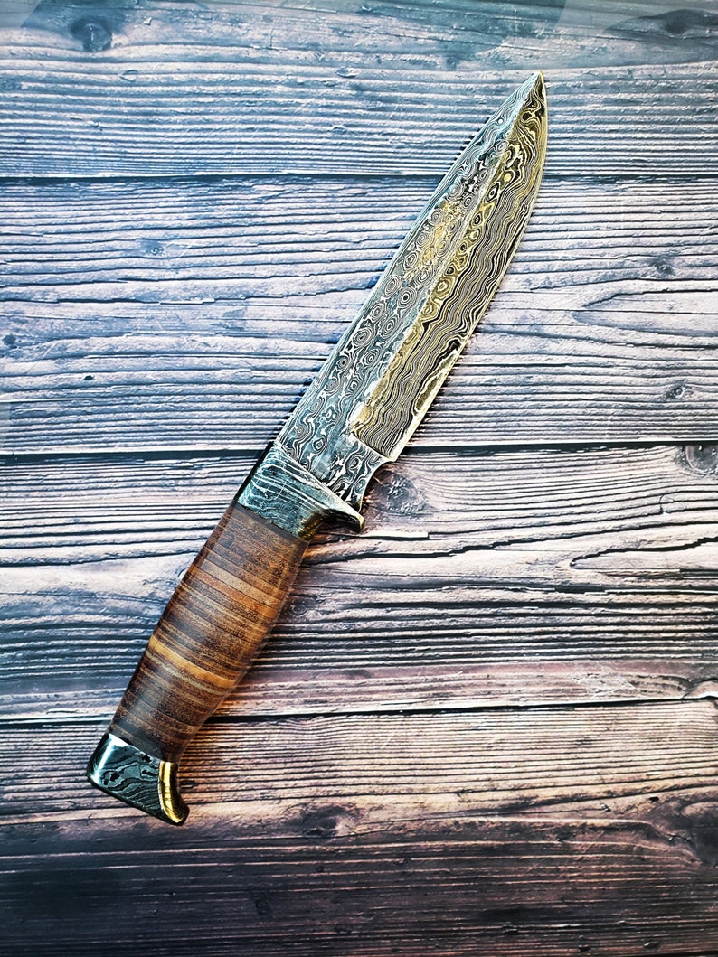Damascus Steel Handmade Knife Hunting Knife Stacked Leather - Etsy