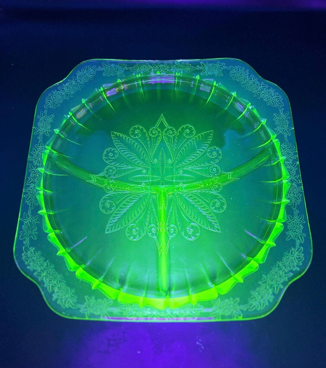 Uranium Glass Jeanette Adam Green Depression Glass Relish Plate - 9 1/4 ...