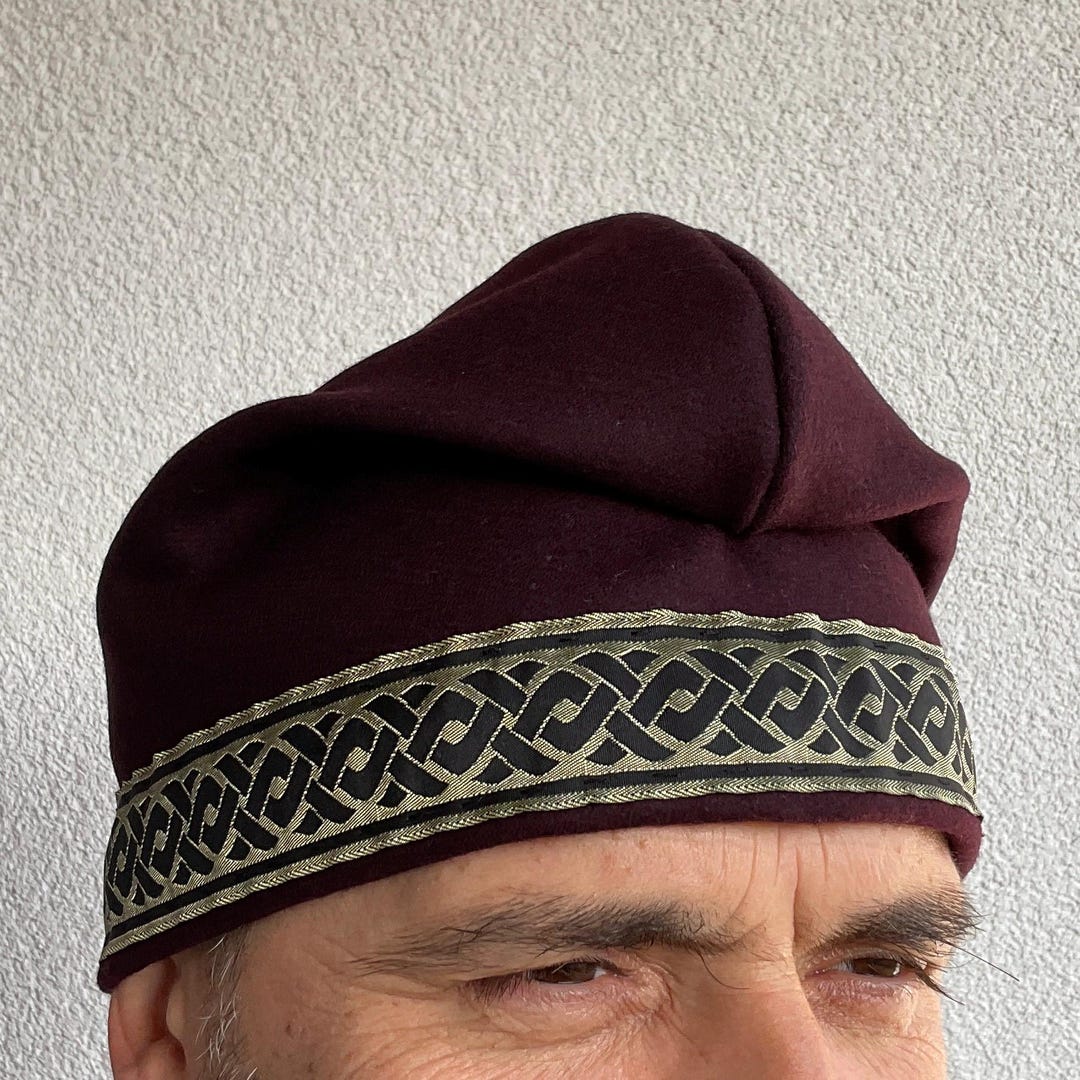 Handmade Wool Phrygian Cap: Dark Purple Dacian Hat With Jacquard Ribbon ...