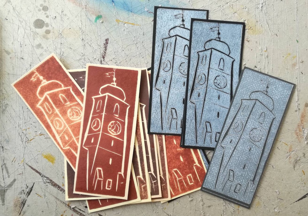 Handmade Linocut Bookmark: Sibiu Old Town Hall Tower, Romania - Etsy UK
