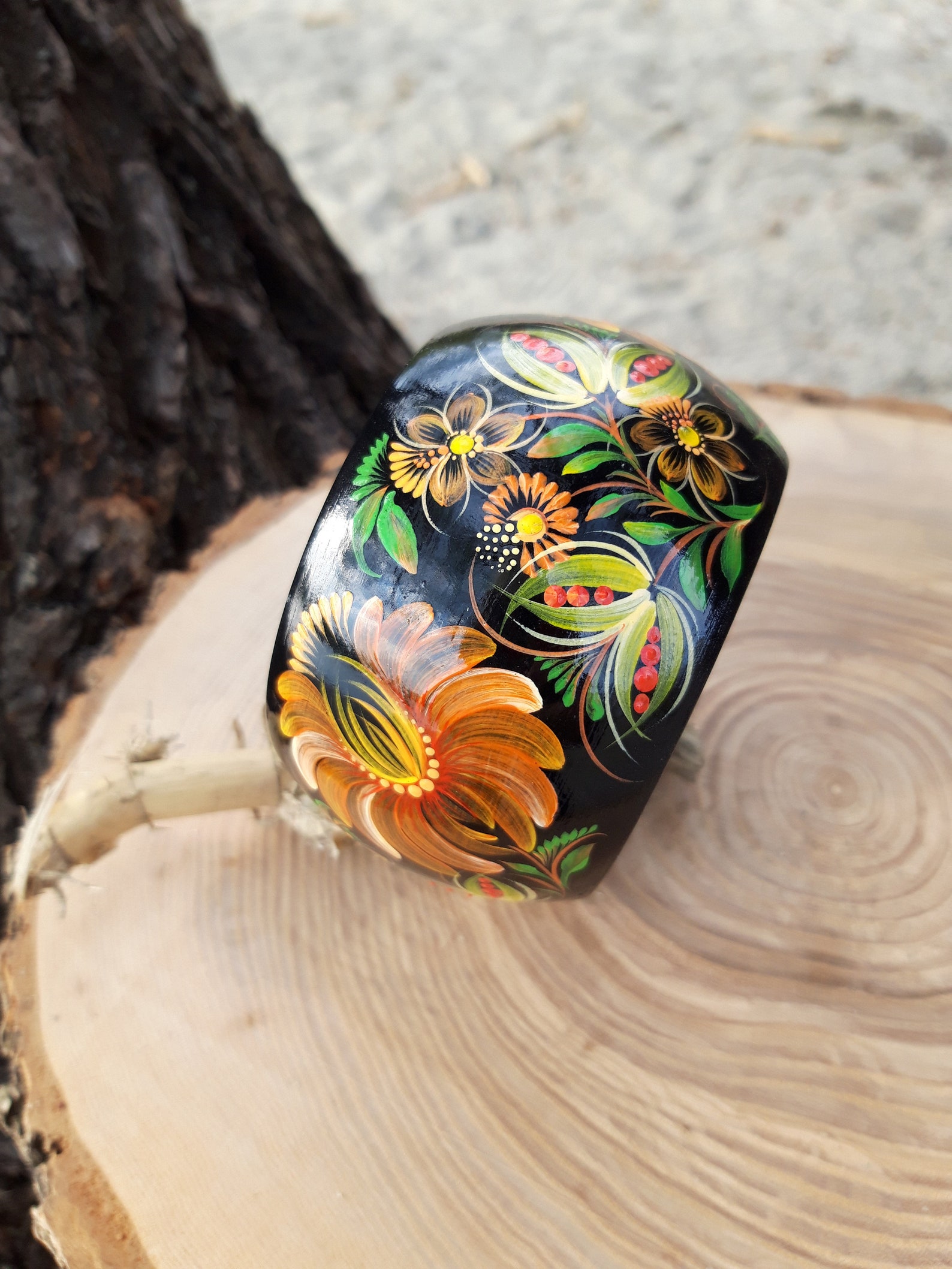 Hand Painted Bangle Bracelets for Women Black Bracelet Wooden Bracelets ...