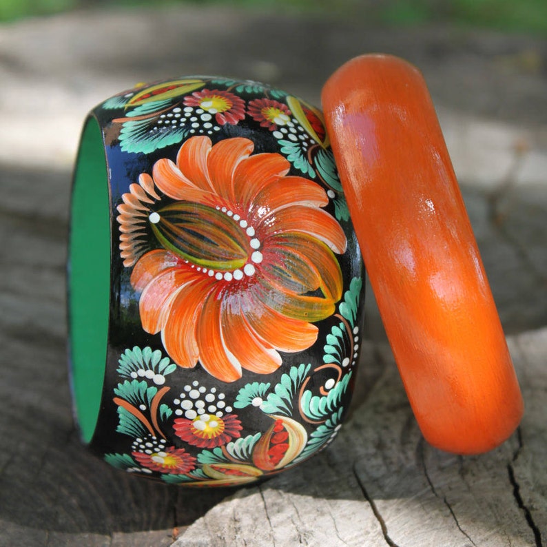 Hand Painted Bangle Bracelets for Women Black Bracelet Wooden Bracelets ...
