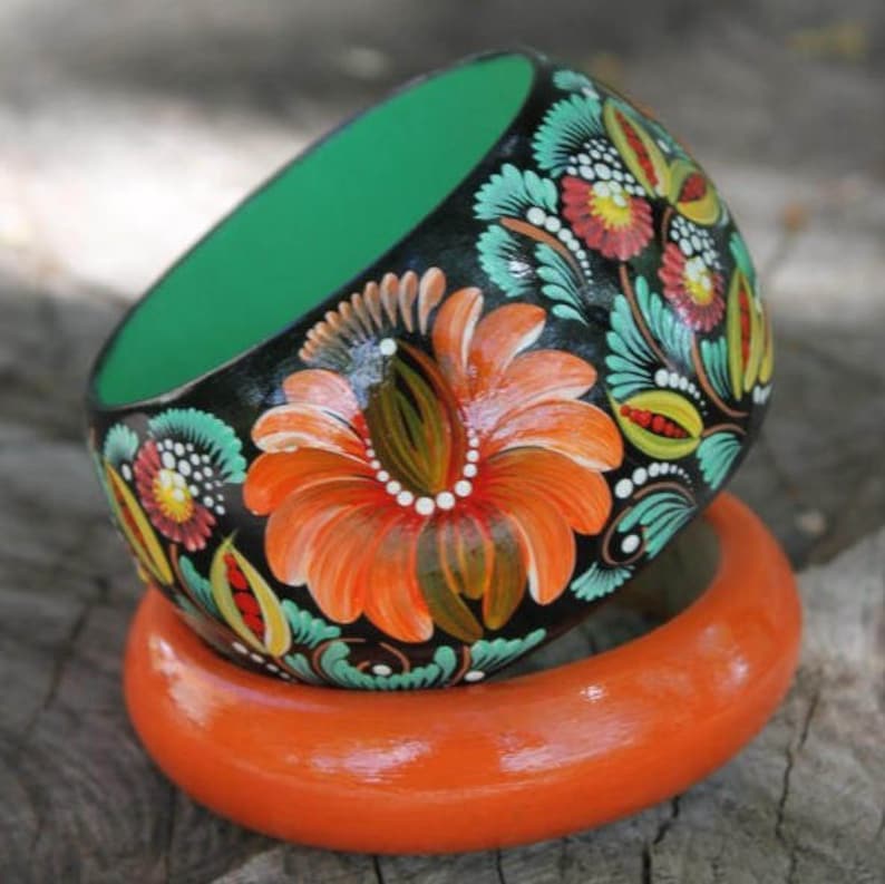 Hand Painted Bangle Bracelets for Women Black Bracelet Wooden Bracelets ...