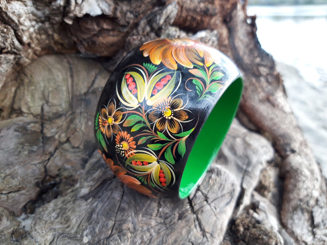 Hand Painted Bangle Bracelets for Women Black Bracelet Wooden - Etsy