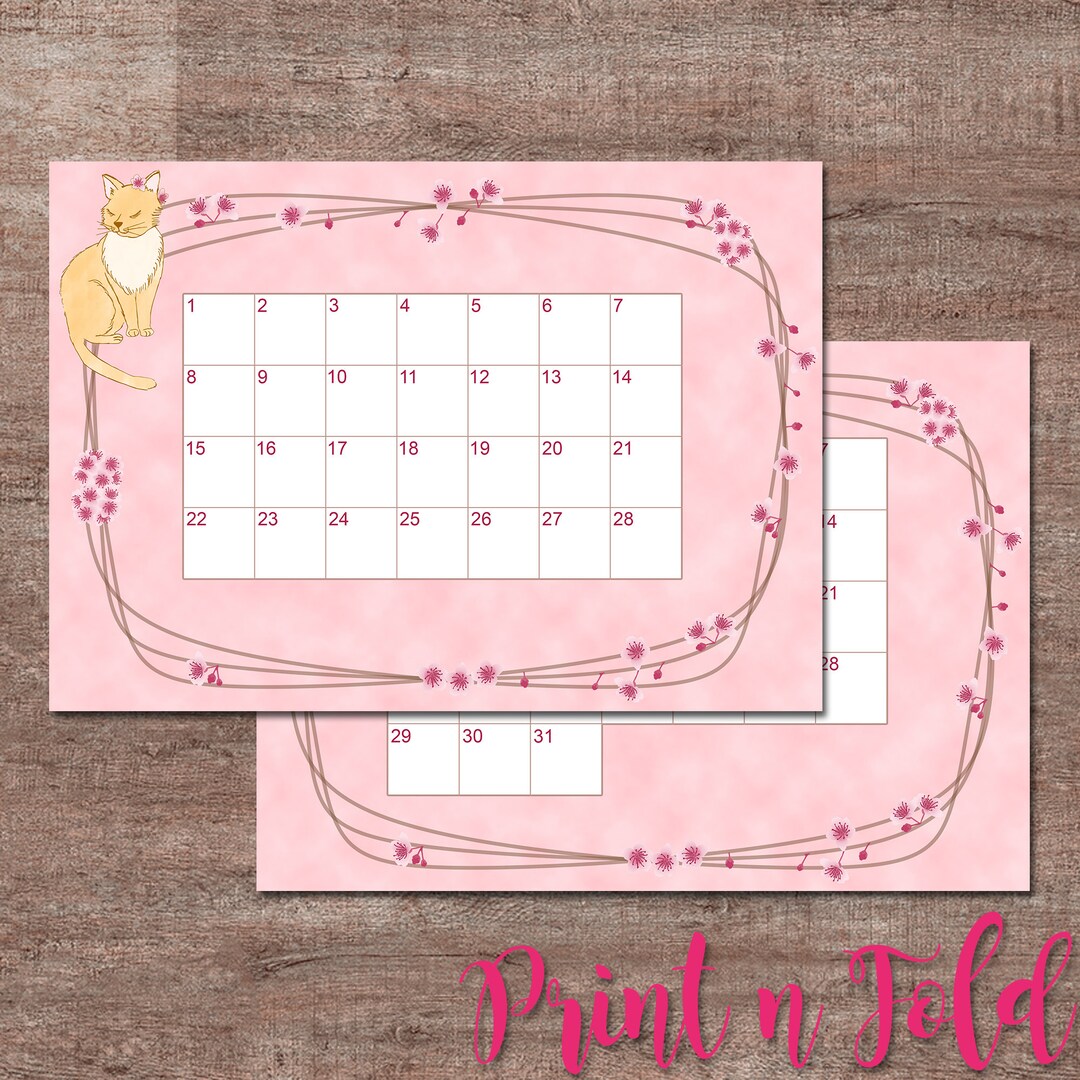Spring Sakura Printable Calendars - Any Year - Kitty - Cat Friend ...