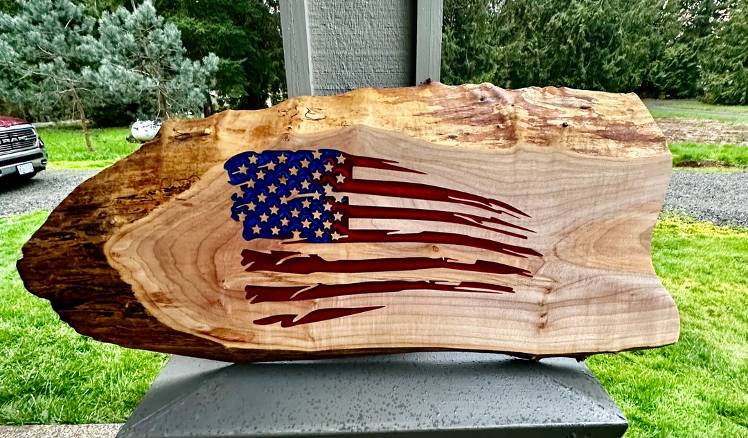 Live Edge Tattered American Flag: Engraved Patriotic Wood Decor - Etsy