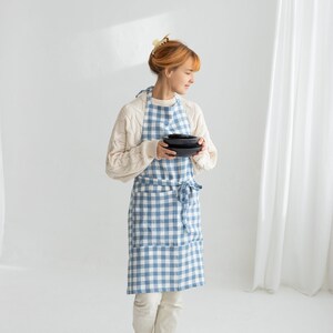 Light Blue Gingham Long Linen Apron With Pockets, Christmas Gift for ...