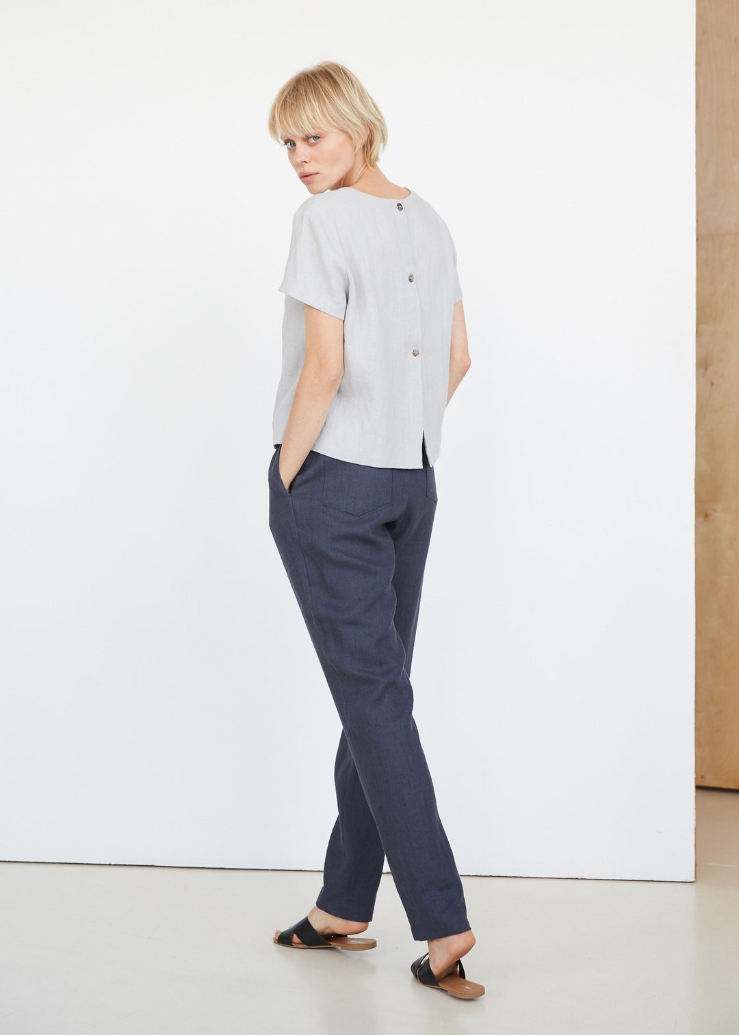 Gray Linen Top With Buttons, Linen Shirt With Buttons in Back, Back ...