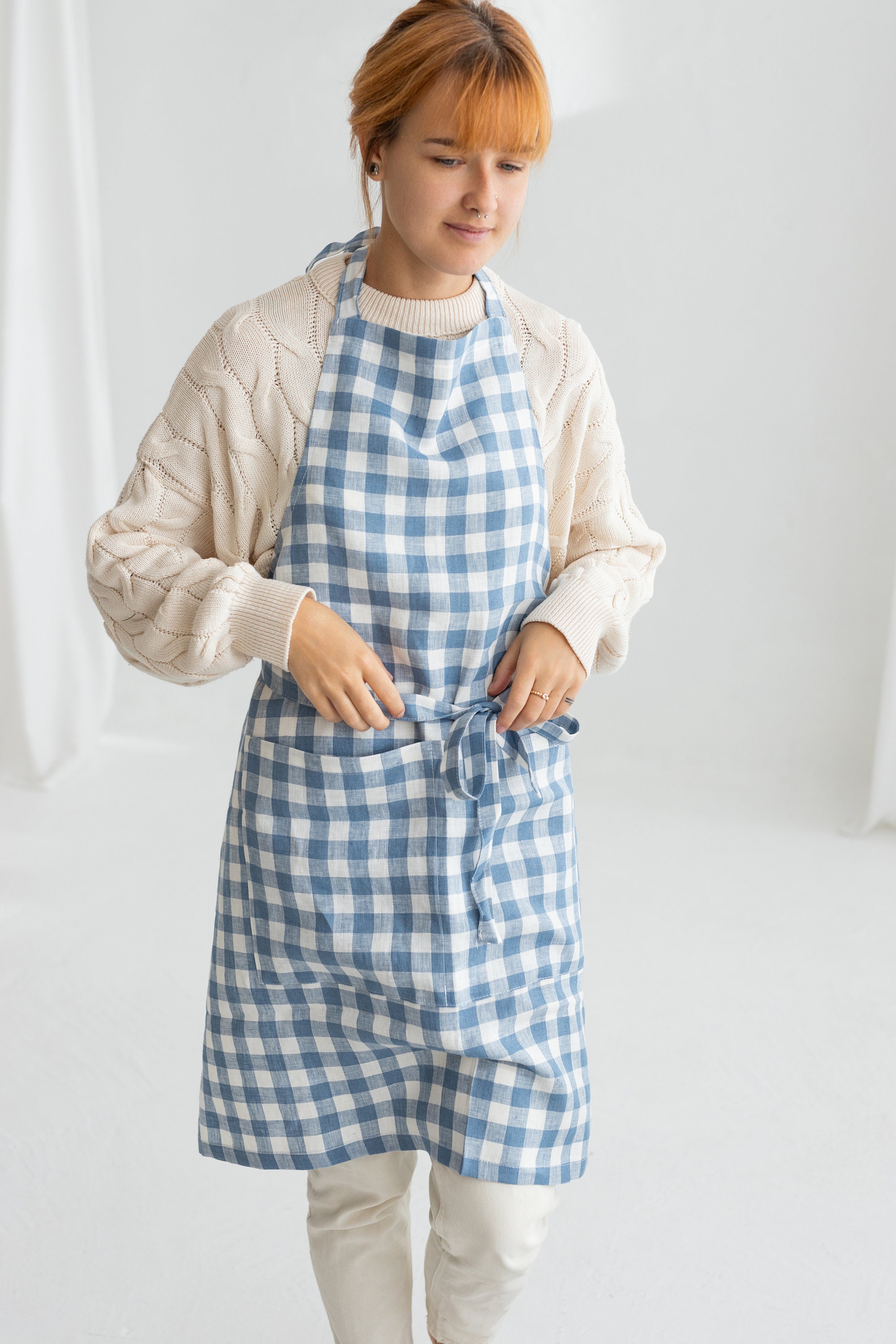 Light Blue Gingham Long Linen Apron With Pockets, Christmas Gift for ...