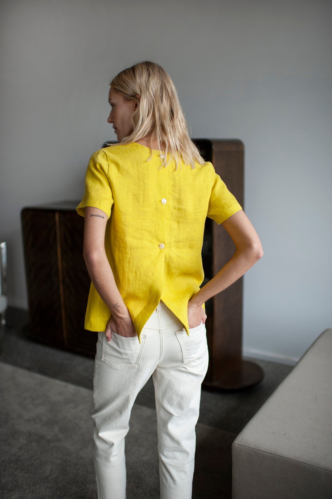 Linen Top With Buttons, Linen Shirt With Buttons in Back, Back Buttoned ...