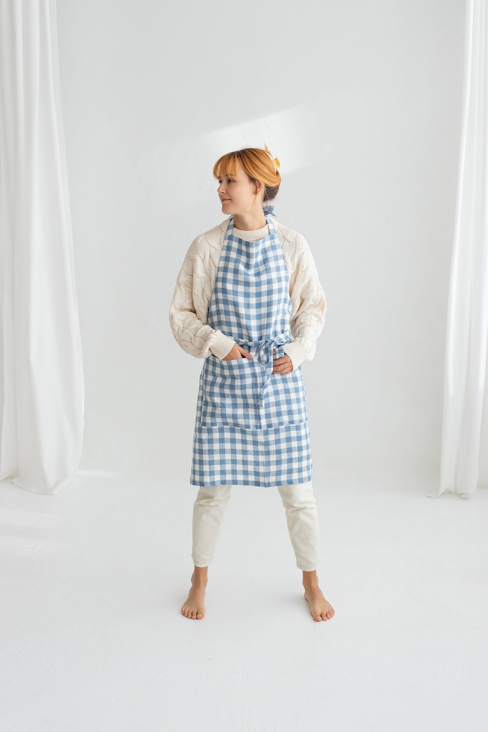 Light Blue Gingham Long Linen Apron With Pockets, Christmas Gift for ...