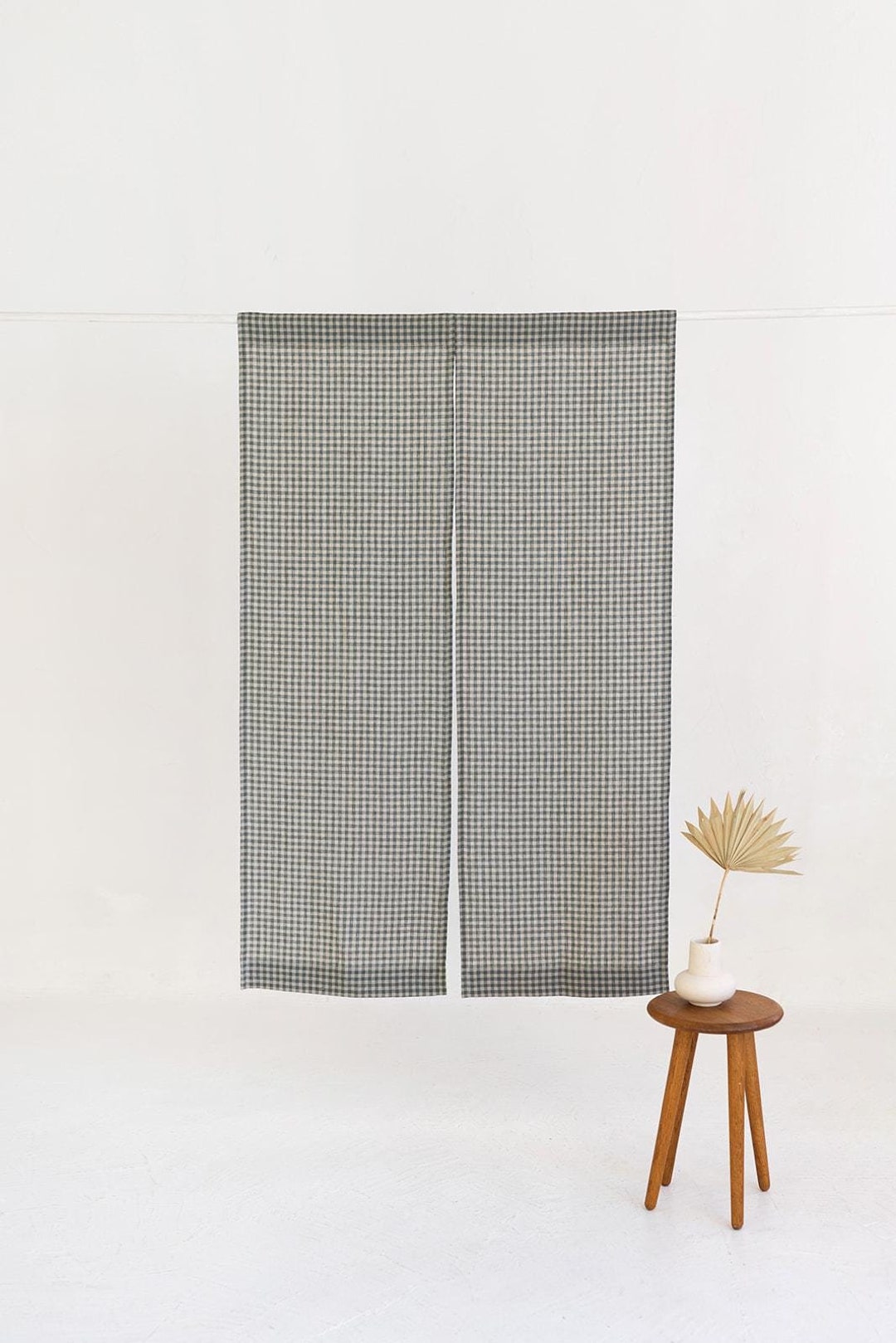 Gray Green Gingham Linen Noren Curtain Drape, Japanese Linen Noren ...