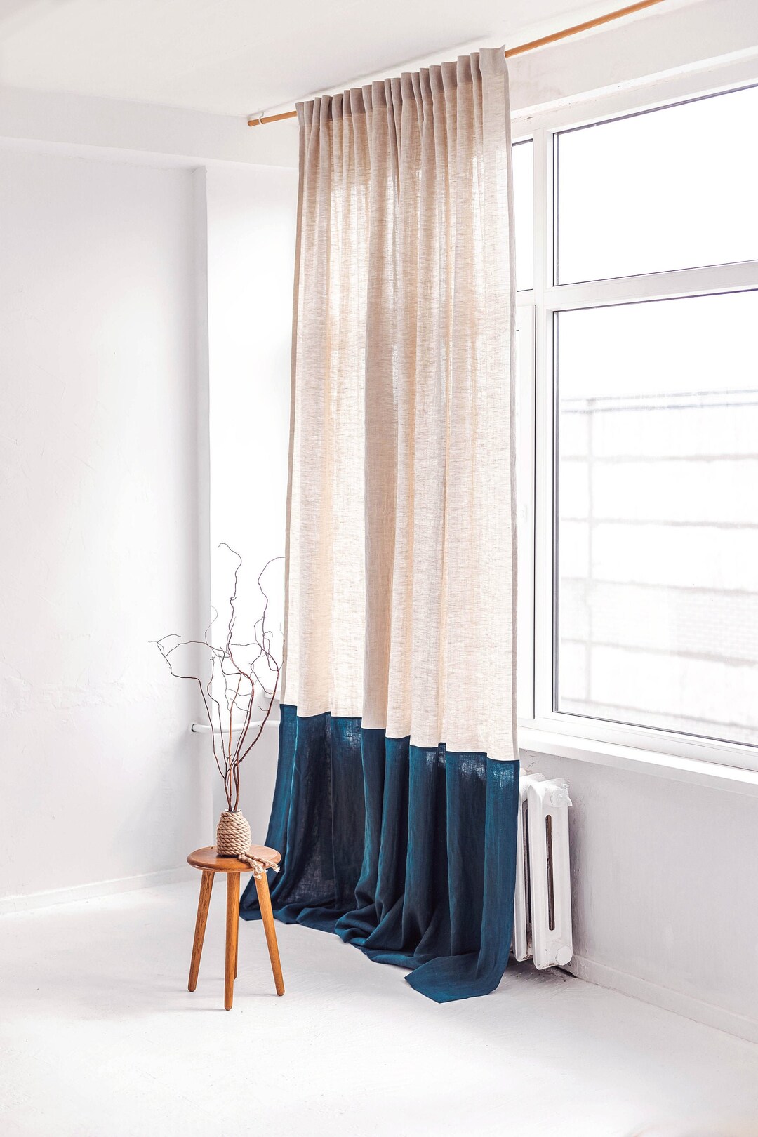 86.6"/ 220 Cm Wide Color Block Linen Curtain, Long Linen Window Panel ...