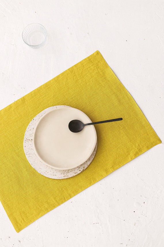 Chartreuse Yellow Linen Table Mats Set Softened Linen | Etsy