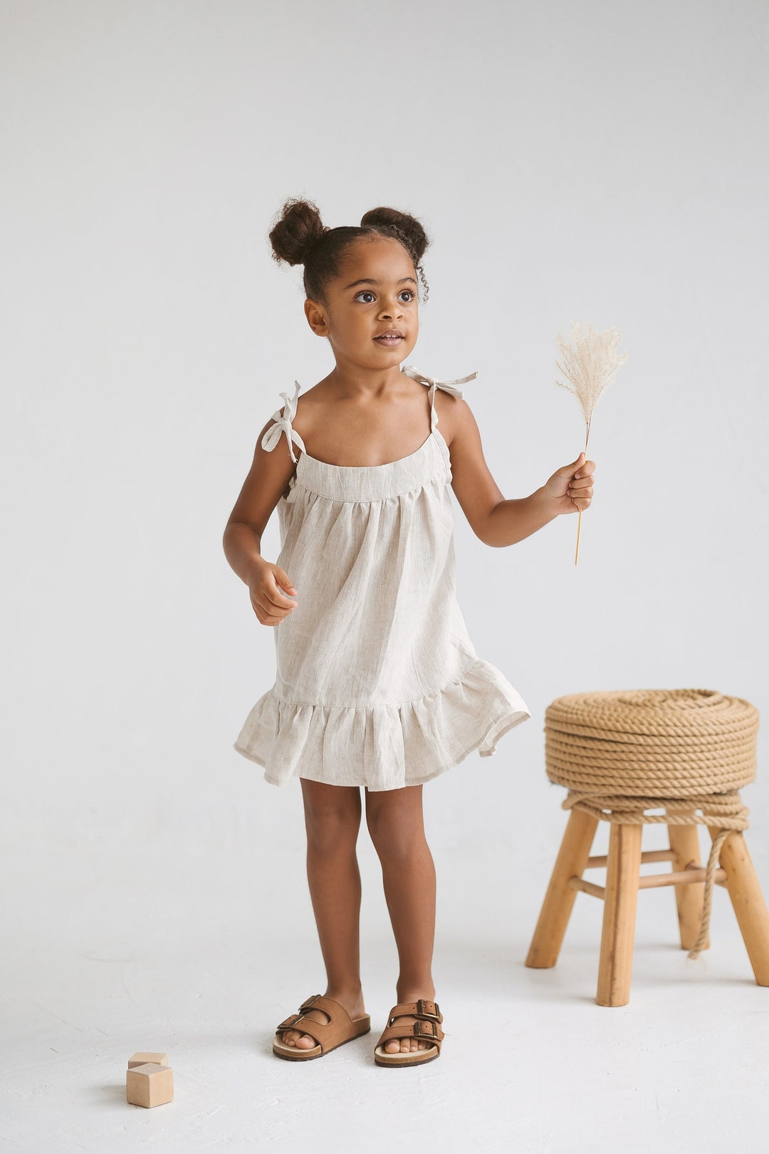 Girls Linen Dress With Ties, Natural Linen Sleeveless Dress, Toddler ...