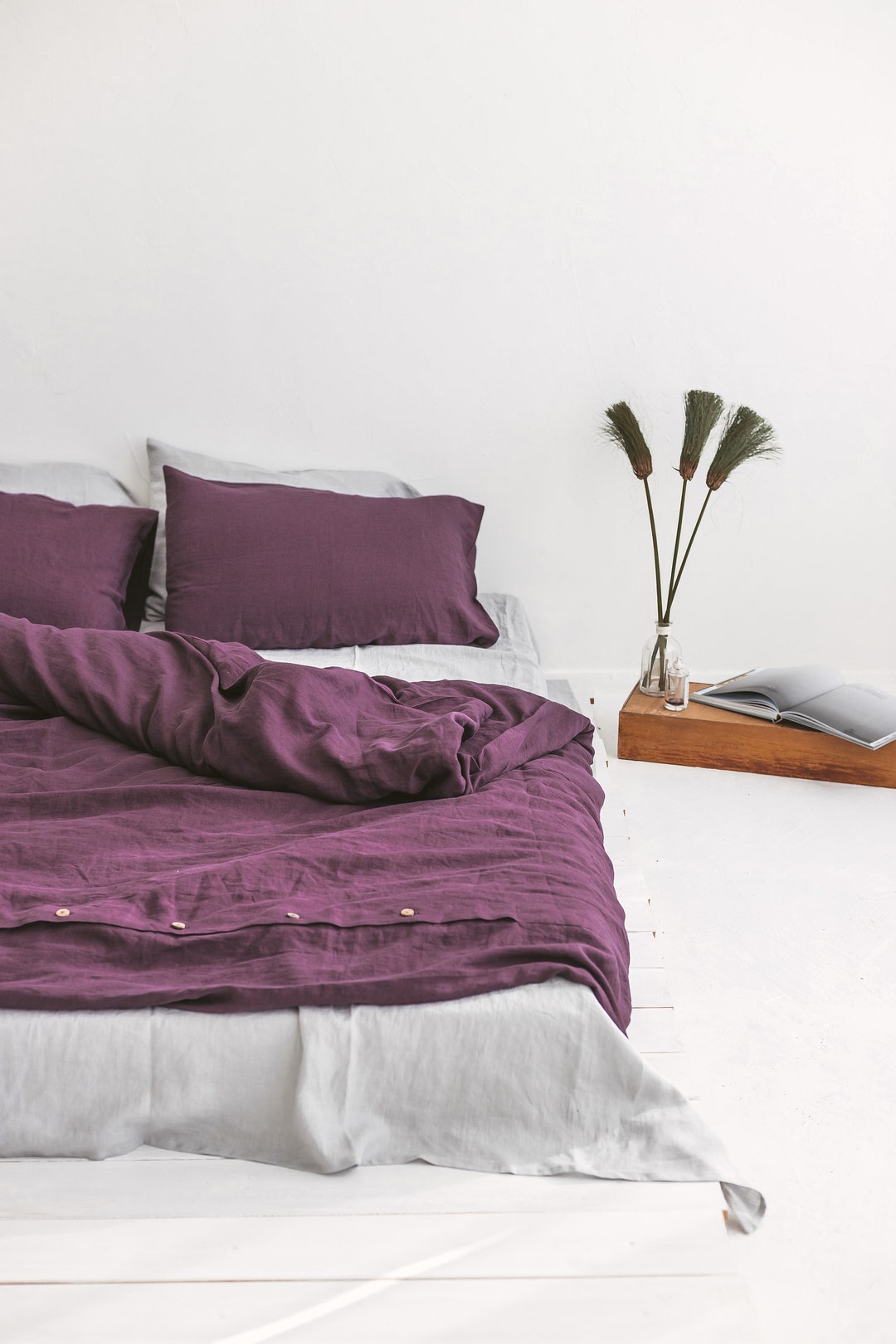 Plum Linen Duvet Cover and Pillowcases, Linen Bedding Set With Buttons ...