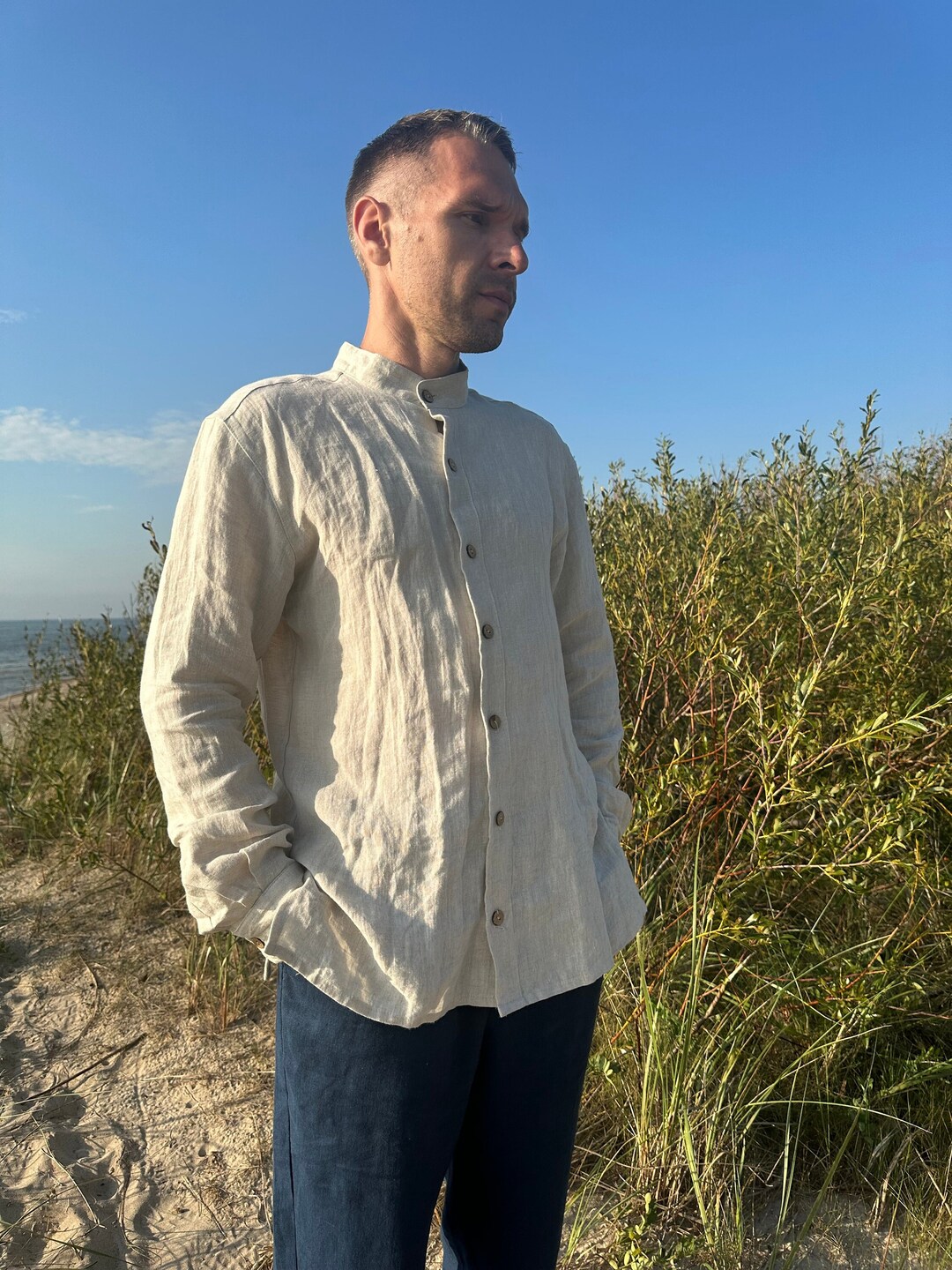 Linen Men's Collar Band Shirt, Natural Linen Summer Shirt for Men ...
