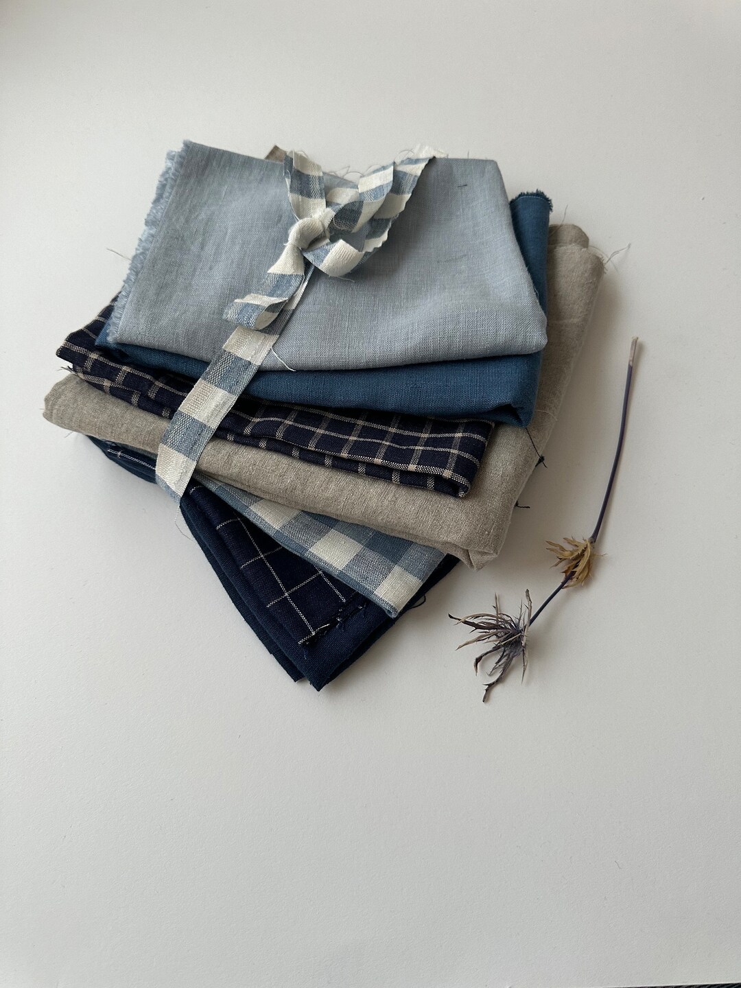 Linen Scraps Bundle Gingham Checks and Solid Colors, Natural Linen ...