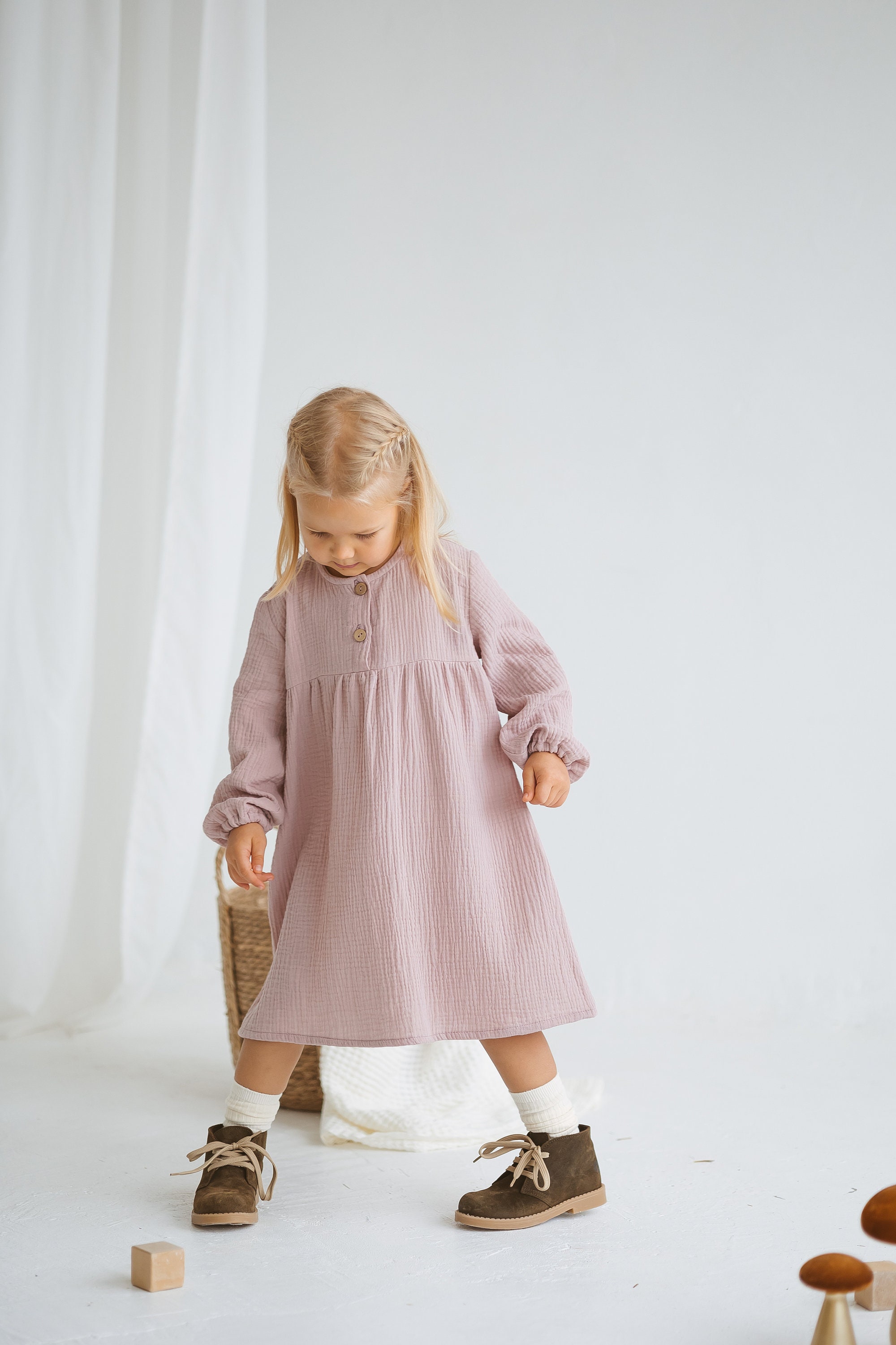 Girls Muslin Dress With Buttons, Pale Pink Gauze Dress With Bishop ...