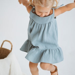 Girls Muslin Dress With Ties, Ocean Blue Double Gauze Smock Dress ...