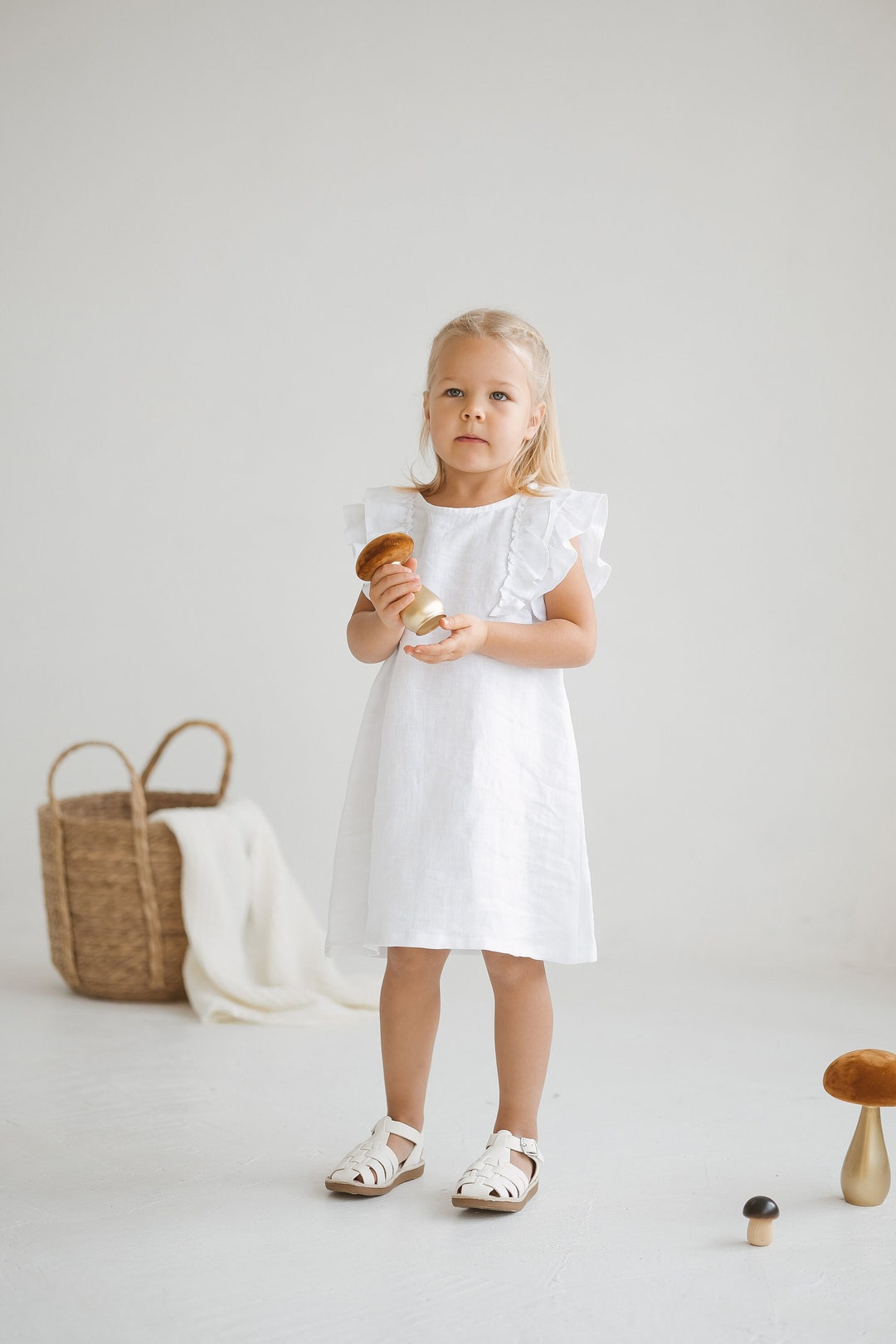 Girls Linen Dress With Ruffles, White Linen Sleeveless Dress, Toddler ...