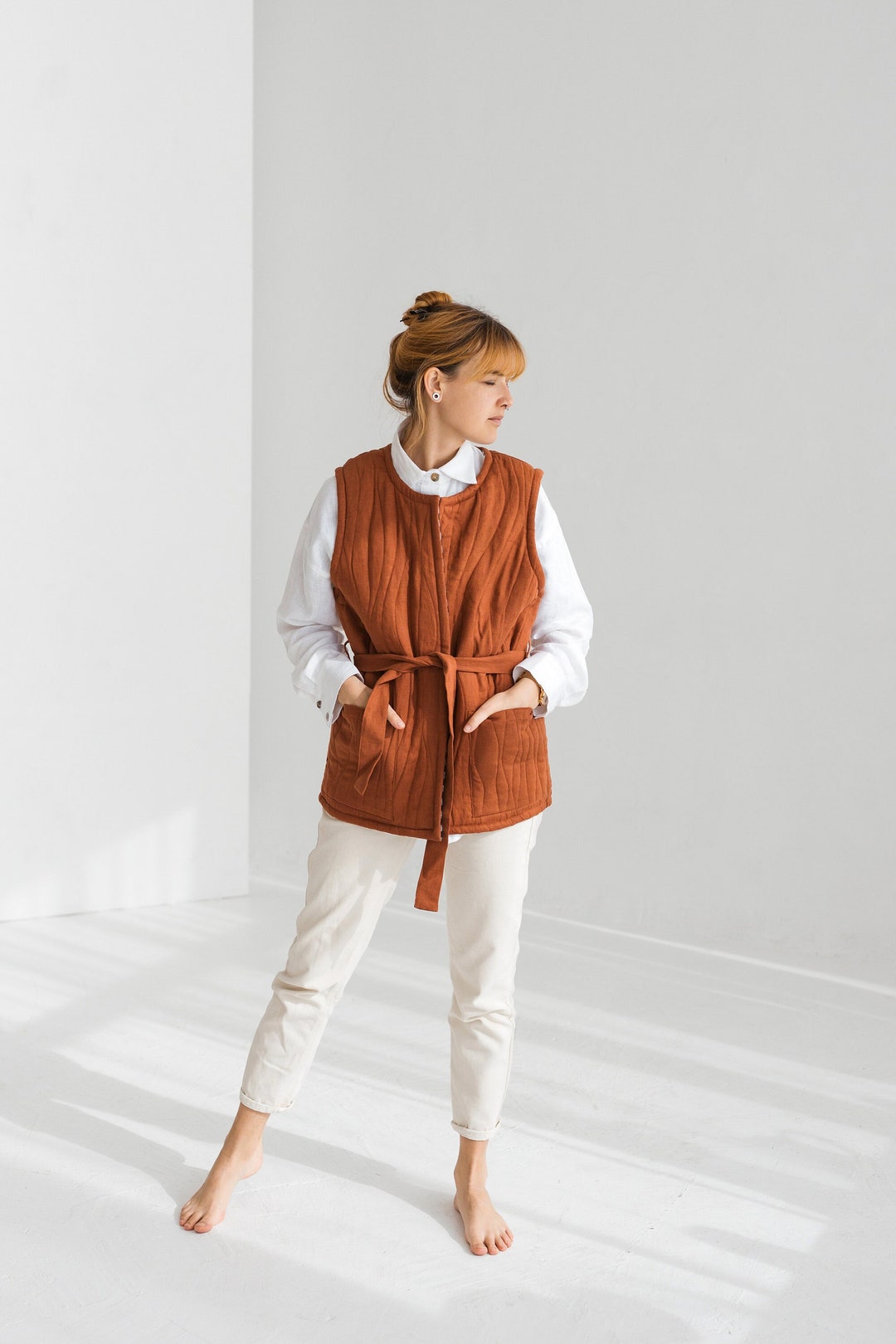 Quilted Linen Vest With Belt,padded Linen Waistcoat With Wool Filling ...