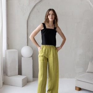 Lime Green Wide Leg Linen Woman Pants, High Waisted Creased Linen Pants ...