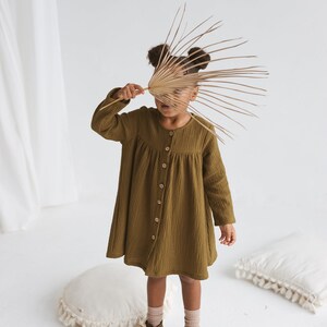 Girls Muslin Dress With Buttons, Olive Green Gauze Dress With Bishop ...