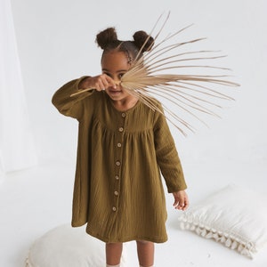Girls Muslin Dress With Buttons, Olive Green Gauze Dress With Bishop ...