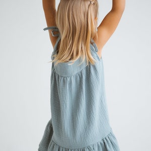 Girls Muslin Dress With Ties, Ocean Blue Double Gauze Smock Dress ...