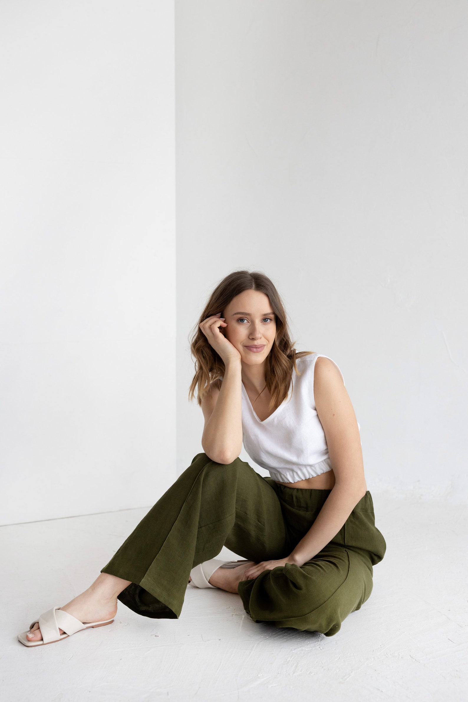 Forest Green Wide Leg Linen Woman Pants, High Waisted Creased Linen ...