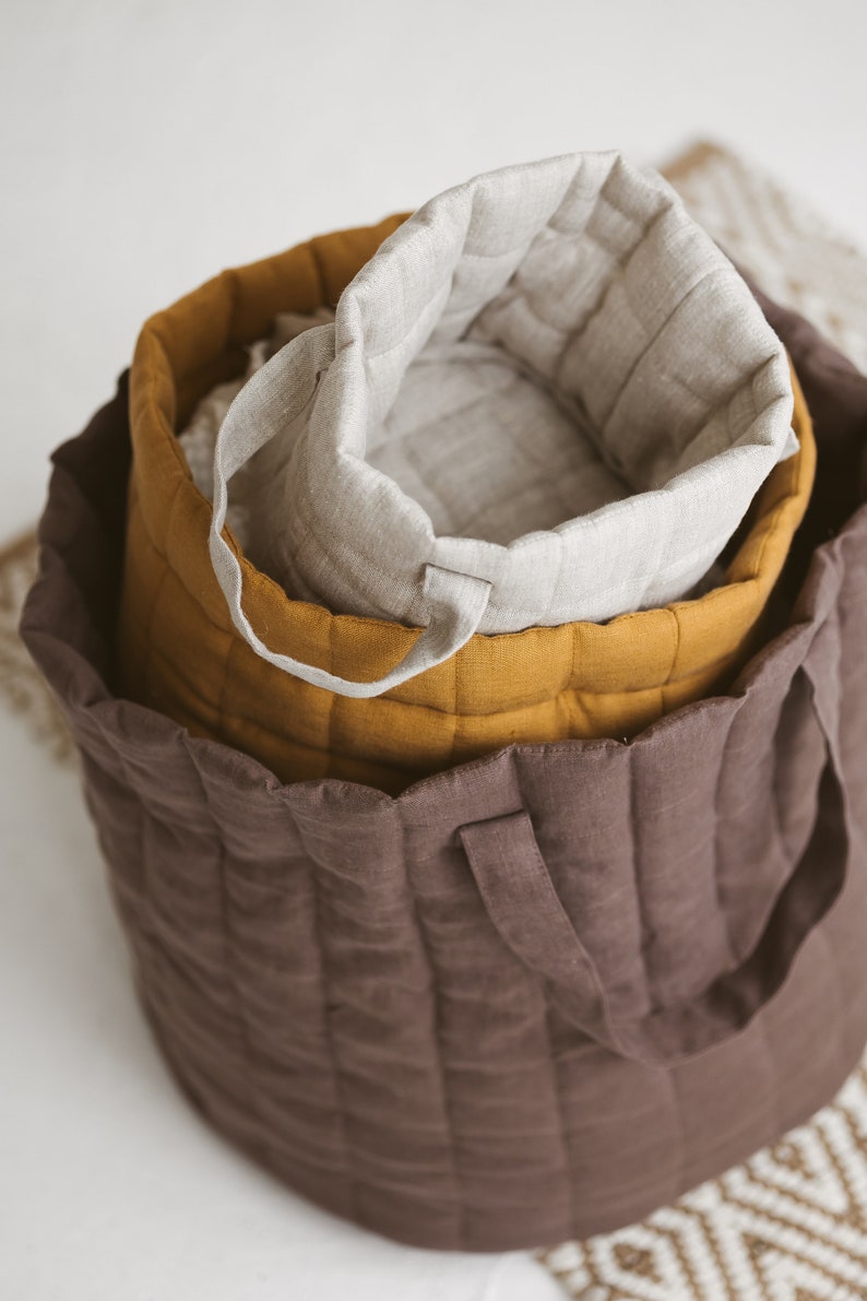 Quilted Linen Laundry Basket, Linen Laundry Bag With Handles, Padded ...