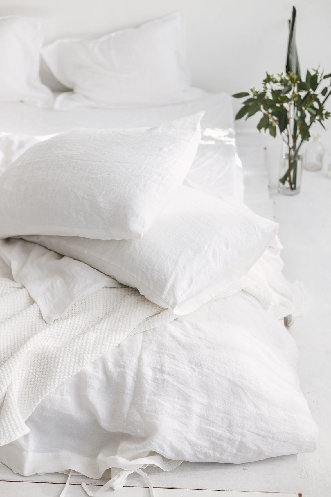 White Linen Bedding Set, White Duvet Cover and Pillowcases, Linen Doona ...