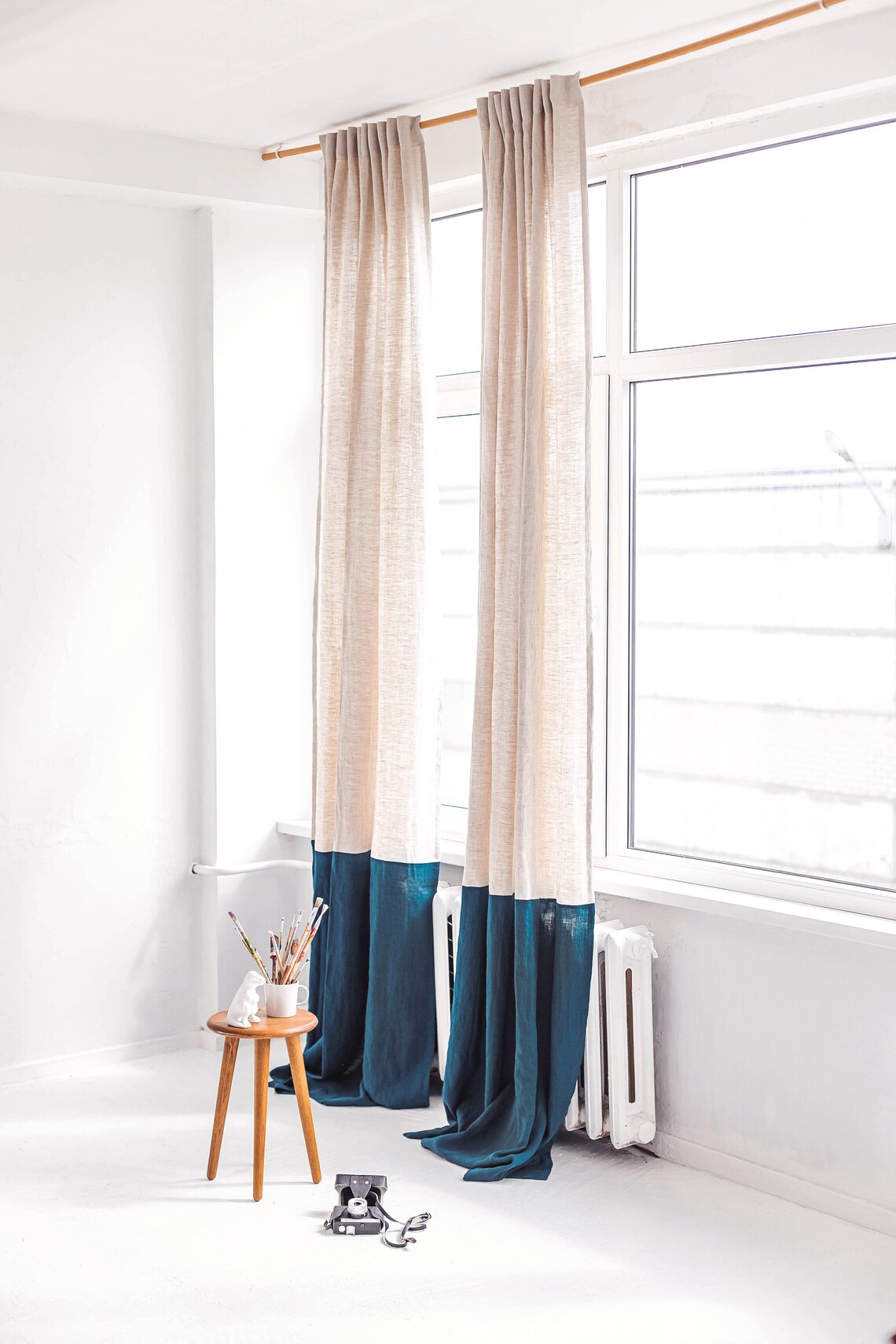 55"/140 Cm Wide Color Block Linen Curtain, Long Linen Window Panel in ...