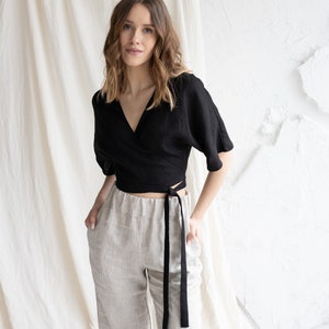 Black Linen Blouse, Linen Wrap Top, Linen Wrap Blouse, Black Wrapped ...
