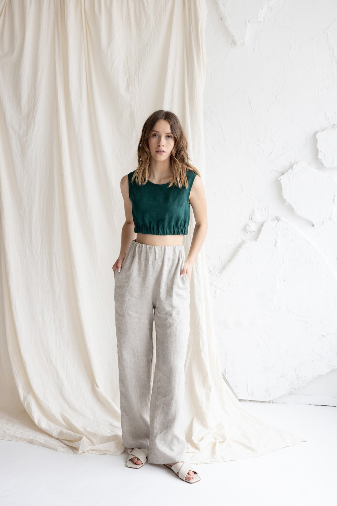 Emerald Linen Crop Top, Short Linen Summer Top, Women's Linen Blouse ...