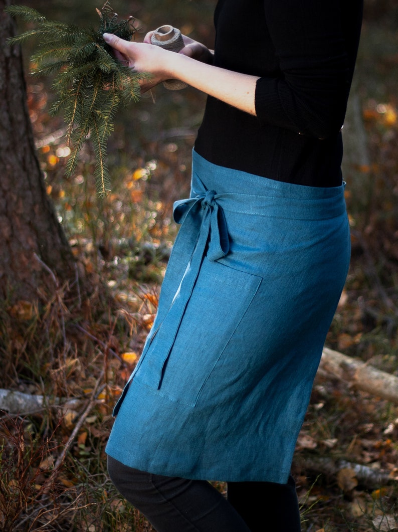 Linen Half Apron With Pocket Blue Linen Pinafore Chef Apron | Etsy