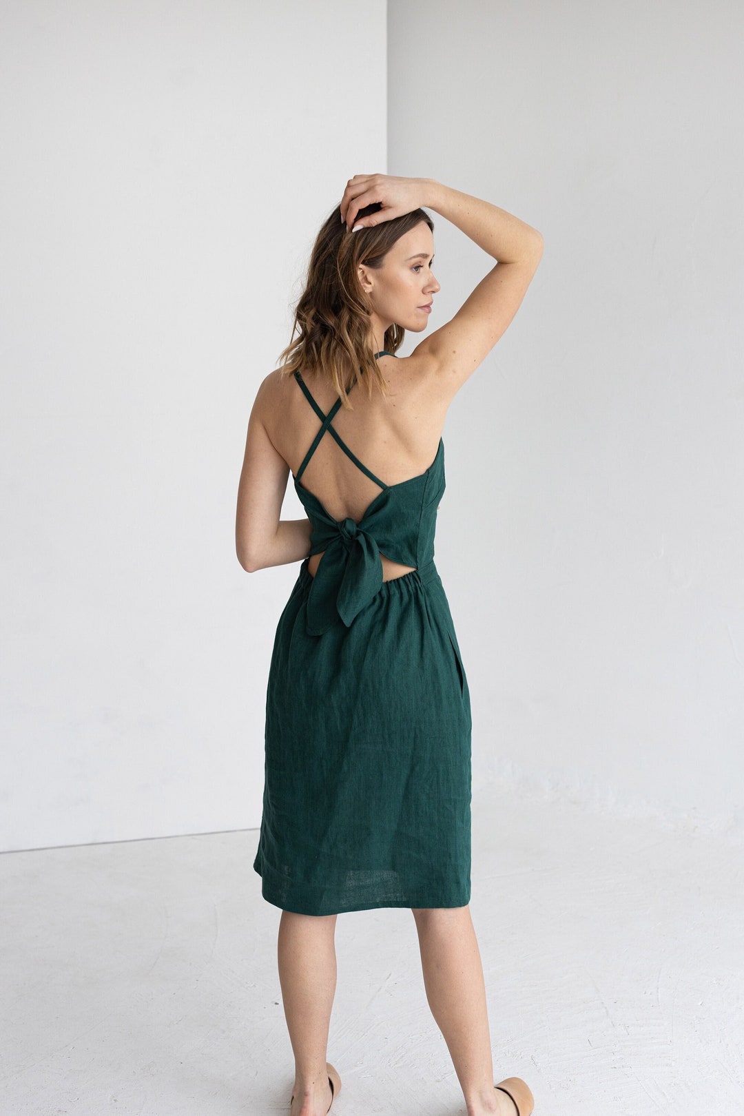 Emerald Linen Dress, Green Linen Summer Dress With Back Tie, Open Back ...