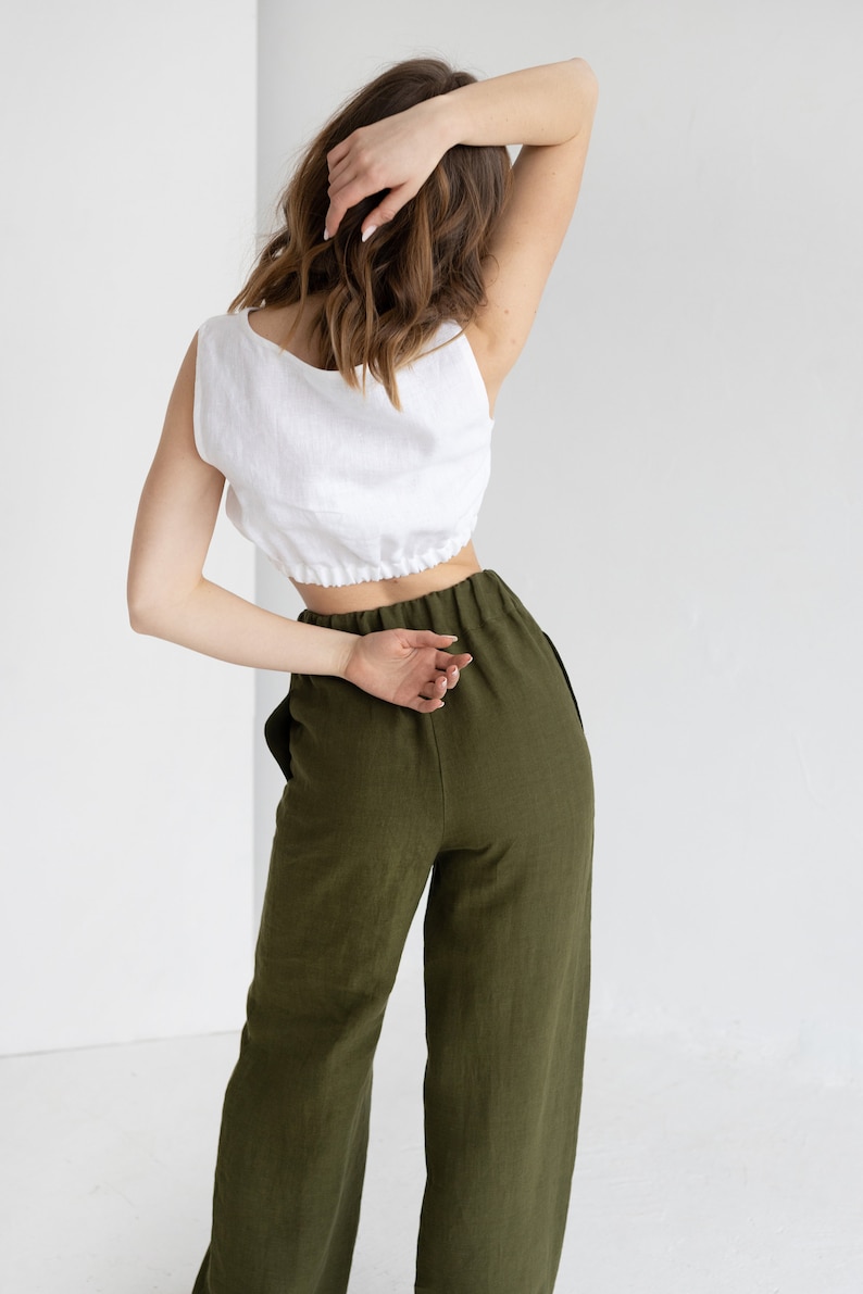 Forest Green Wide Leg Linen Woman Pants High Waisted Creased - Etsy